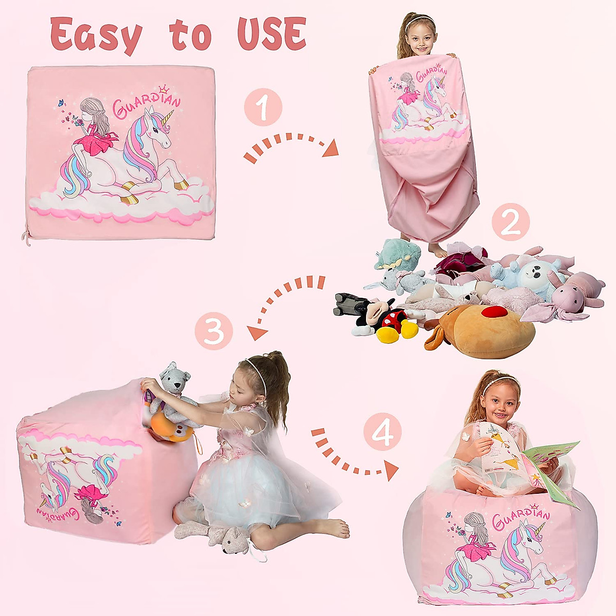 Yoweenton Unicorn Bean Bag Chair for Girls Room Decor, Stuffed Animal Storage Pink, Gifts for Girls, Medium Size,Velvet Extra Soft Cover Only