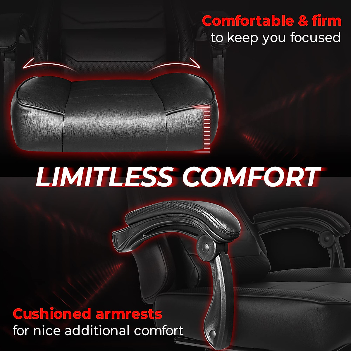 N-GEN Gaming Chair with Footrest Levelled Seat PU Leather Adjustable Ergonomic Lumbar Support High Back Office Swivel Computer Desk Headrest E-Sports PC Gamer Height Reclining (3. Black)