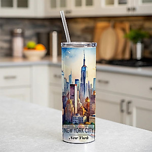 New York City NYC Travel Watercolor Skinny Tumbler 20oz with Straw Insulated Water Bottle Gift