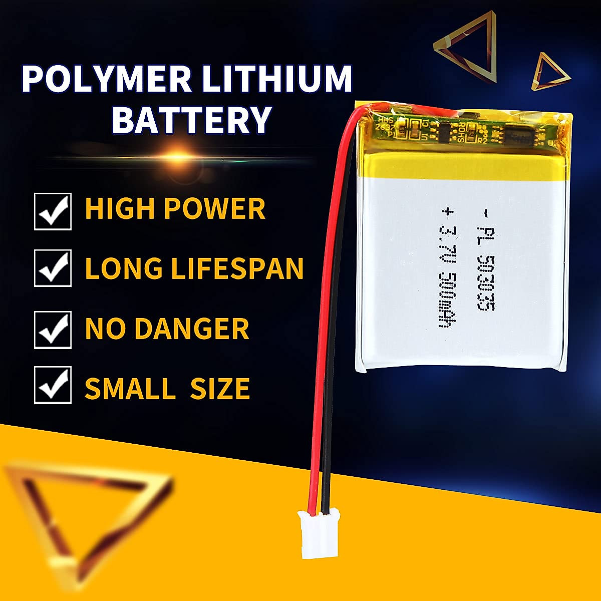 AKZYTUE 3.7V 500mAh 503035 Lipo Battery Rechargeable Lithium Polymer ion Battery Pack with PH 2.0mm JST Connector
