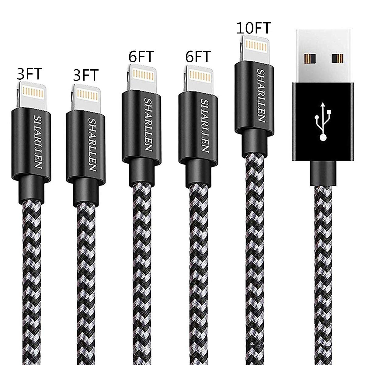 Sharllen 5 Pack 6 Feet MFi Certified Lightning Cable, Fast USB iPhone Charging Cable, Compatible with iPhone 12/11Pro/XS/Max/X/8/8P/7P/6/6P/iPad, Nylon Braided Data Wire, Black