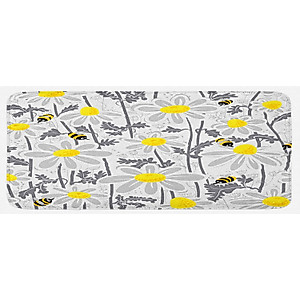 Ambesonne Grey Kitchen Mat, Daisy Flowers Bees in Spring Time Honey Petals Floret Nature Purity Blooming, Plush Decorative Kitchen Mat with Non Slip Backing, 47" X 19", Yellow White