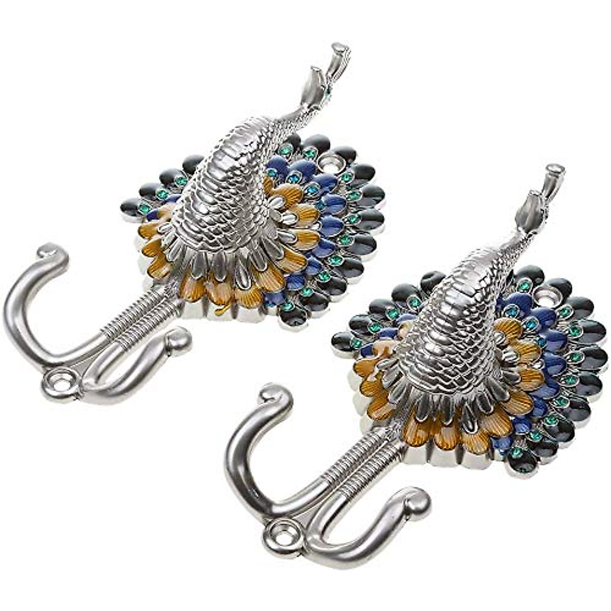 2pcs Peacock Metal Double Hanger Hook Double Head Wall-Mounted Coat Towel Hanger Hook - Silver
