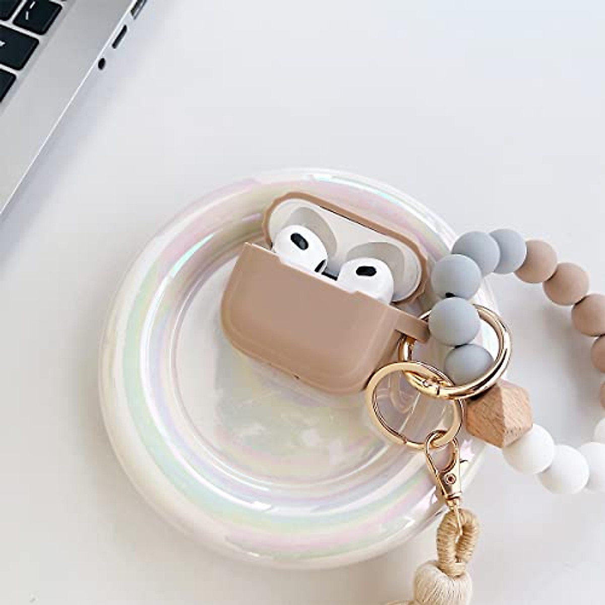 AirPod 3 Case,Gtinna Fashion Cute Stripe Airpods 3rd Case(2021),Soft Silicone Case for AirPod 3 Wireless Charging Case with Silicone Beaded Bracelet Tassel Charm Keychain Accessories (Khaki)