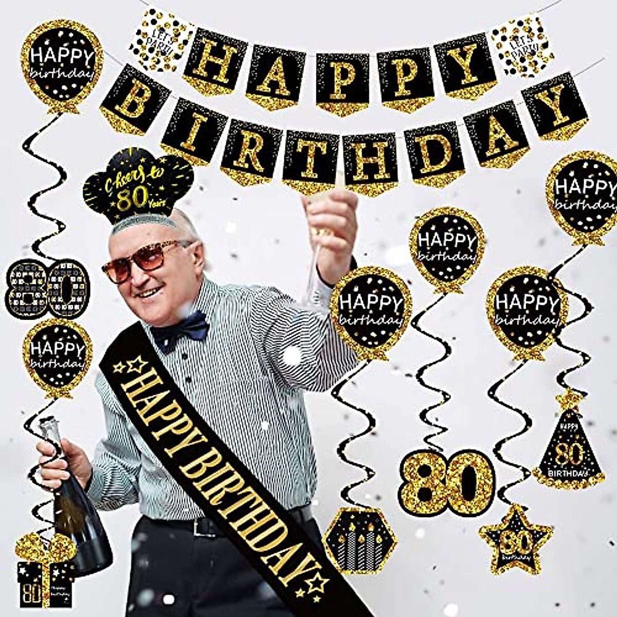 80th birthday decorations for men women - (76pack) black gold party Banner, Pennant, Hanging Swirl, birthday balloons, Tablecloths, cupcake Topper, Crown, plates, Photo Props, Sash for gifts