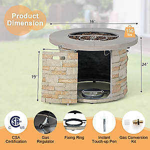 Tangkula 50,000 BTU Propane Gas Fire Pit Table, Patiojoy 36” Round Propane Firepit with Removable Lid, Volcanic Rock & PVC Cover, Outdoor Fire Pit Table with Faux Stone Surface for Patio, Backyard