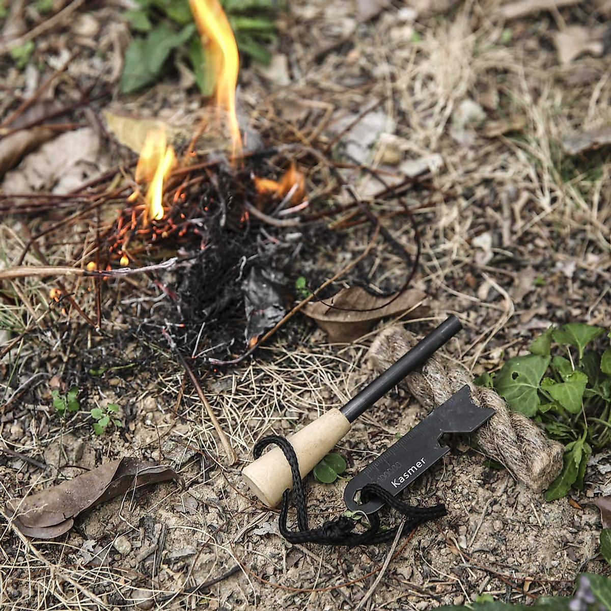 Kasmer Fire Starter Kit Survival Tools Ferro Rod Waterproof Fire Starting Jute Rope Wax Infused Wick Tinder Flint and Steel for Camping Backpacking Hiking Gears black with jute rope One Size