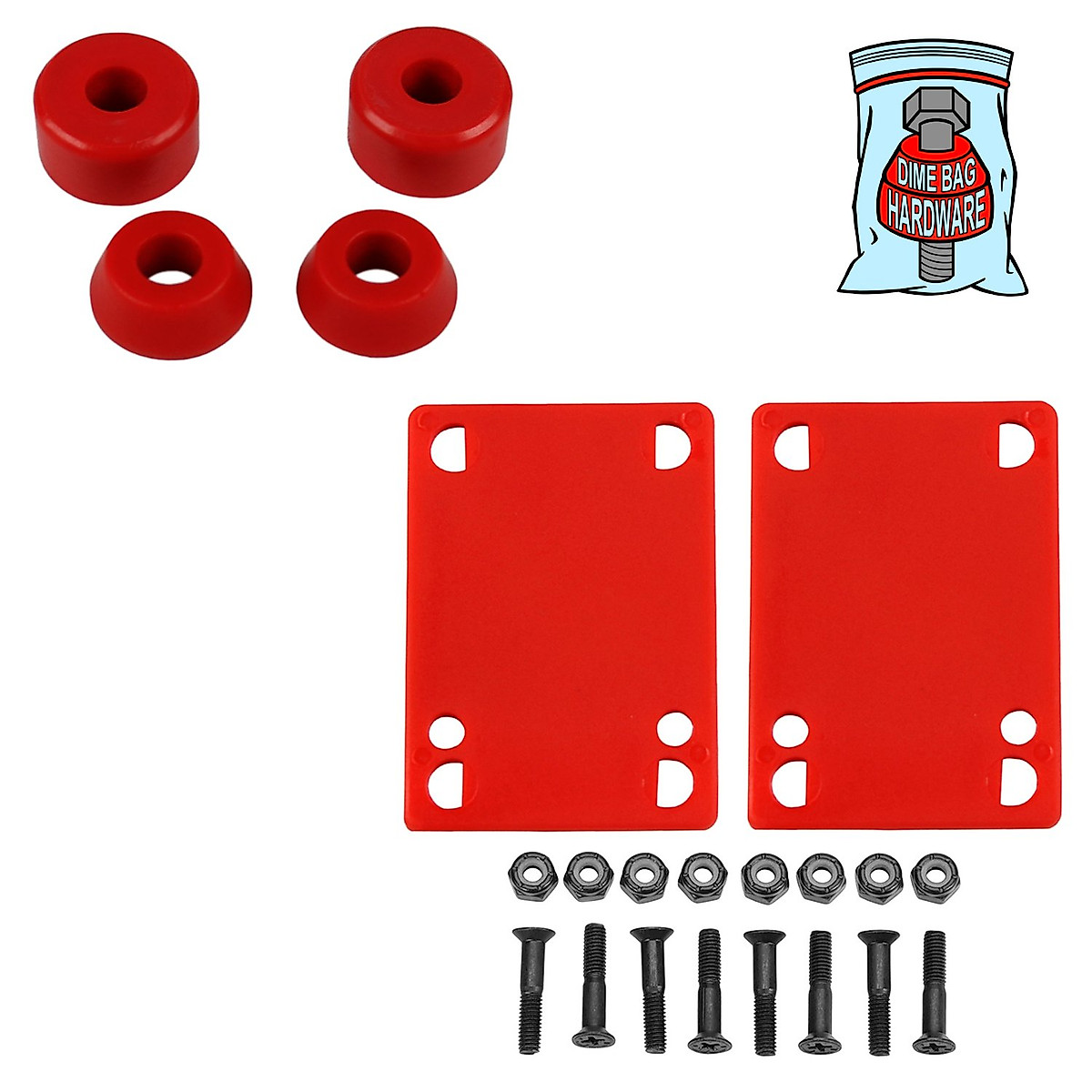 Dime Bag Skateboard Bushings (for 2 trucks) + Red Riser Pads and 1" Phillips Hardware (96A Red)