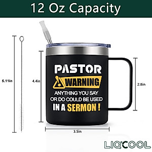 LiqCool Pastor Appreciation Gifts, Pastor Gifts for Men Women, Pastor Warning Insulated Coffee Mug -12 Oz, Funny Gifts for Pastor, Pastor Gifts for Christmas Birthday Anniversary(Black)