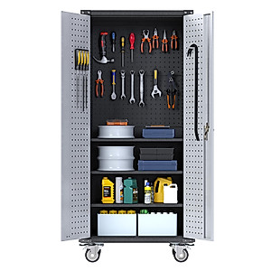 71" Pegboard Metal Garage Storage Cabinet with Wheels, Rolling Lockable Metal Tool Cabinet with Adjustable Shelves for Warehouse, Basement, Assembly Required