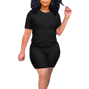 Angsuttc Summer Outfits for Women, Textured Track Suits Short Sleeve Tops Biker Shorts Two Piece Workout Set Black L