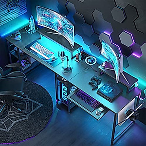 Bestier L Shaped Gaming Desk with Led Light 59.4 Inch Computer Corner Desk or 2 Person Long Table with Shelves Monitor Stand and Keyboard Tray for Home Office, Carbon Fiber Black