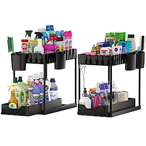 SLAH Pack of 2 Under Sink Organizers and Storage for Bathroom - 2 Tier Undersink Storage with Sliding Drawer and Hanging Hooks - Multi-purpose Organization for Kitchen Sink Organizer Under Cabinet