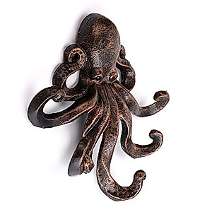 Sumnacon 6 Inch Cast Iron Octopus Decorative Coat Hook - Wall Mounted Nautical Hand Towel Rack Holder with Screws, Rustic Metal Clothing Hanger for Bedroom/Bathroom/Kitchen/Balcony, Red Bronze