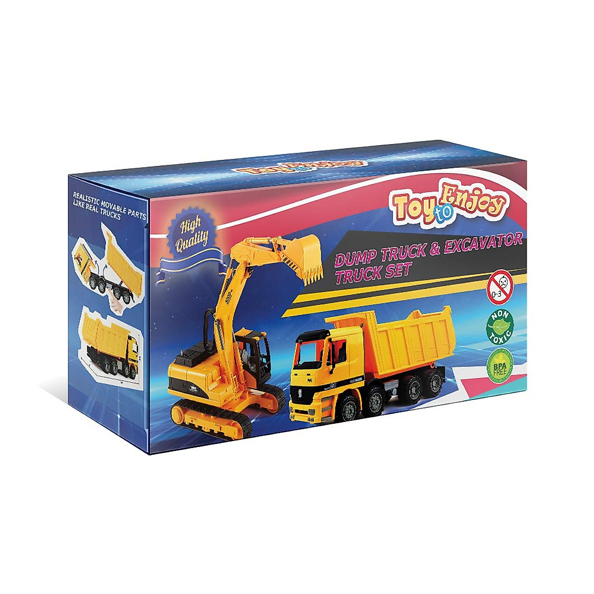 Toy To Enjoy Construction Toys - Excavator & Dump Truck Toy for Kids (Set of 2) – Moveable Claw & Lifting Back – Garbage Truck & Bulldozer Digger – Construction Vehicles for Boys & Kids