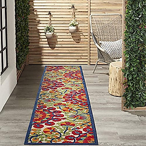 Nourison Aloha Indoor/Outdoor Red/Multi 2'3" x 12' Area -Rug, Easy -Cleaning, Non Shedding, Bed Room, Living Room, Dining Room, Deck, Backyard, Patio (2x12)