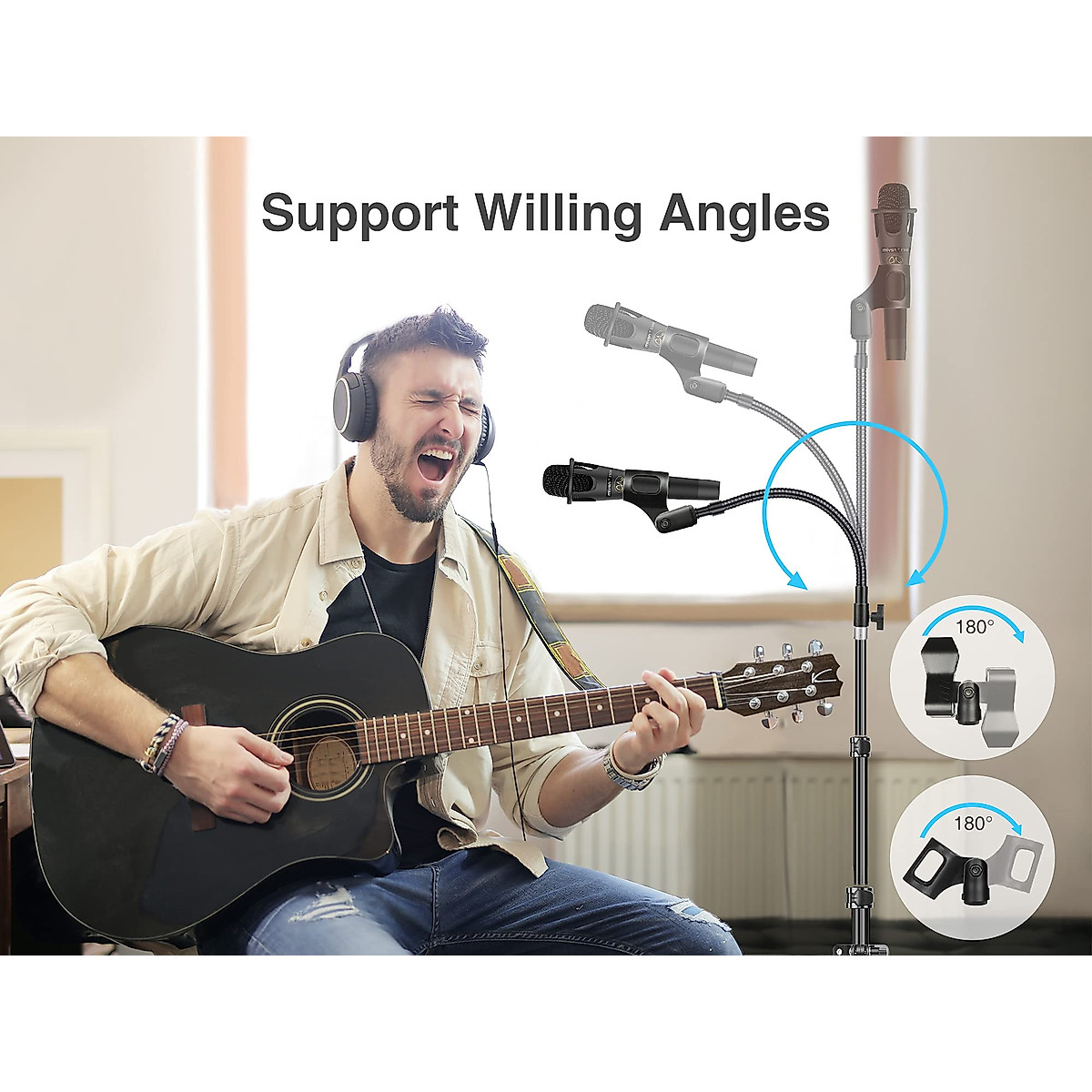 Elitehood Aluminum Foldable Microphone Stand, 82’’ Tall & Height Adjustable Mic Stand Boom, Microphone Tripod Stand with Mic Clip Holder for Singing, Performance, Karaoke, Speech, Stage and Outdoor