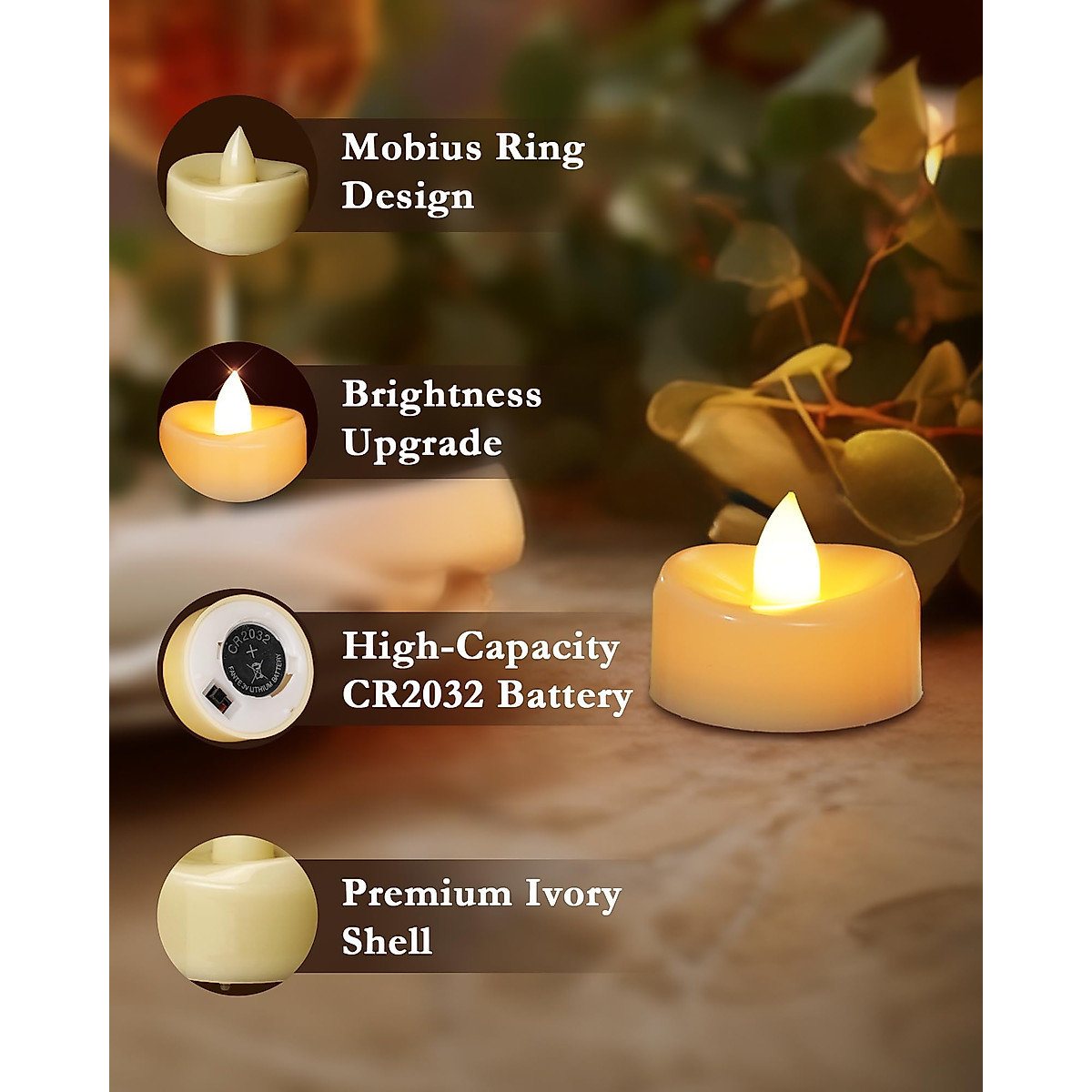 YOJACIKI Flameless Candles, 24 Pack LED Tea Lights Candles Battery Operated, Last 200+ Hrs Flickering Tea Lights, Flameless Tealight Candles for Halloween Diwali Fall Christmas Wedding D 1.5”x H 1.25”