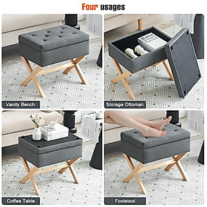 Furniliving Linen Storage Ottoman Square Ottoman Button-Tufted Foot Stool with Wooden X Legs, Modern Footrest Rectangle Vanity Stool, Makeup Stool for Living Room, Bedroom (Grey)