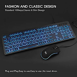 Rii Three Colors Backlit Business Keyboard,Gaming Keyboard and Mouse Combo,USB Wired Keyboard,RGB Optical Mouse for Gaming,Business Office