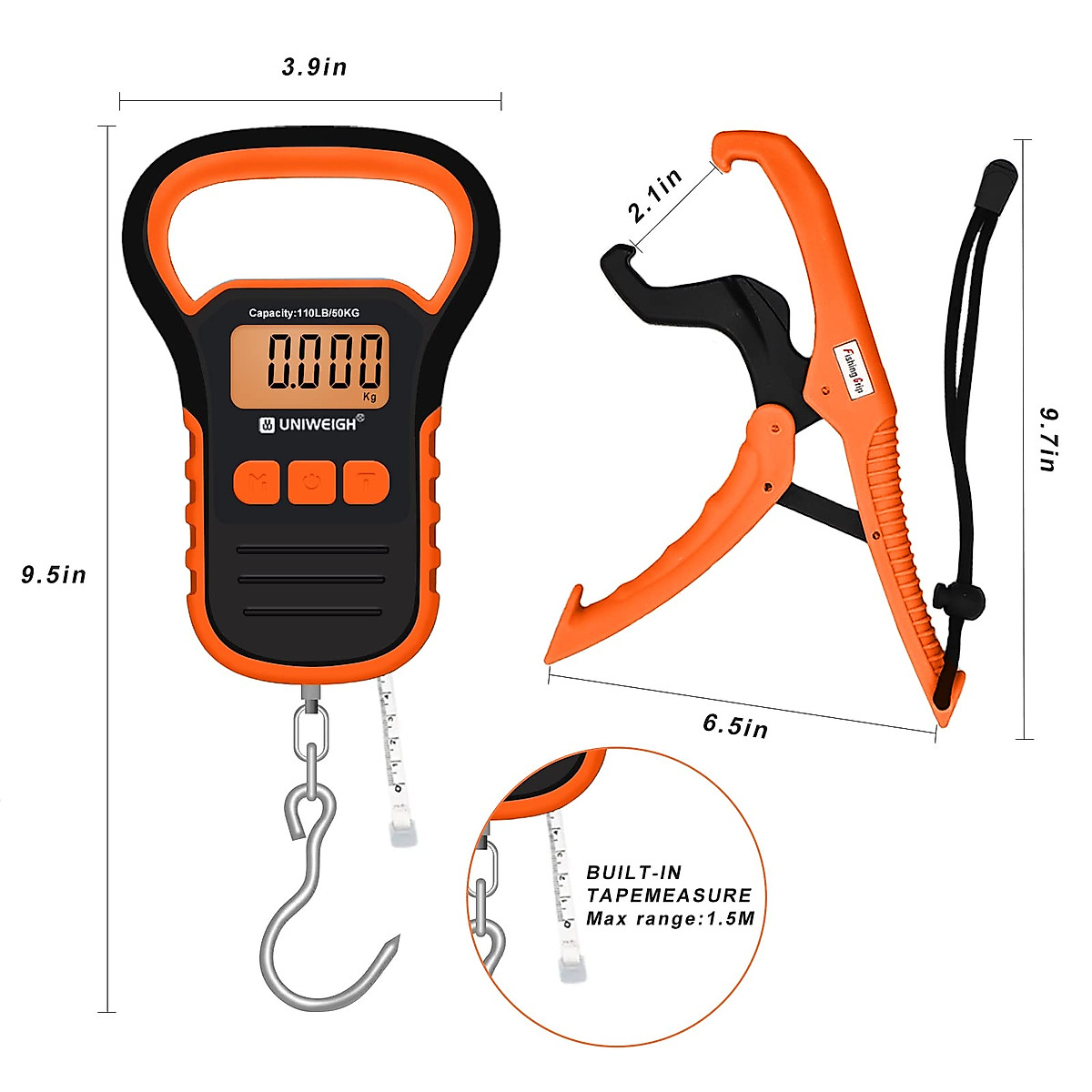 UNIWEIGH Digital Fishing Scale with Lip Gripper,Tape and Ruler,110lb/50kg Postal Hanging Luggage Scale with Hook，Waterproof Handing Scale for Home and Outdoor(Orange)