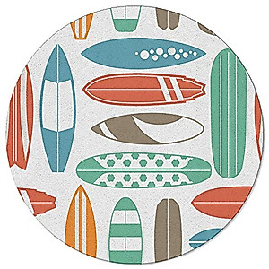 Summer Sport 3.3 ft Round Area Rug Microfiber Soft Circular Carpet Anti-Skid Non-Shedding Throw Rugs Decorative Circle Floor Mat for Home Decor Colorful Surf Board Tiled Geometric Style
