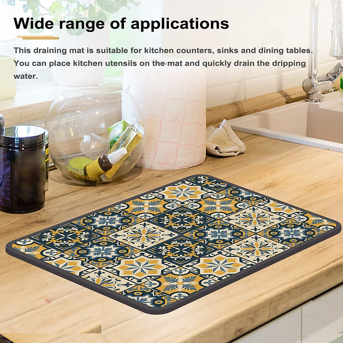 NeuWee Dish Drying Mat for Kitchen Counter, Super Absorbent, Heat Resistant, Non-Slip Dish Drying Pad, Hide Stain Coffee Mat, Table Mat Under Appliance, Ethnic Style, Yellow Blue Print, 16 x 20 Inch