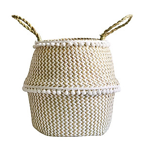 NUOBESTY Natural Round Seagrass Belly Basket with Handles for Storage Nursery Laundry Picnic Plant Pot Cover and Grocery and Toy Storage