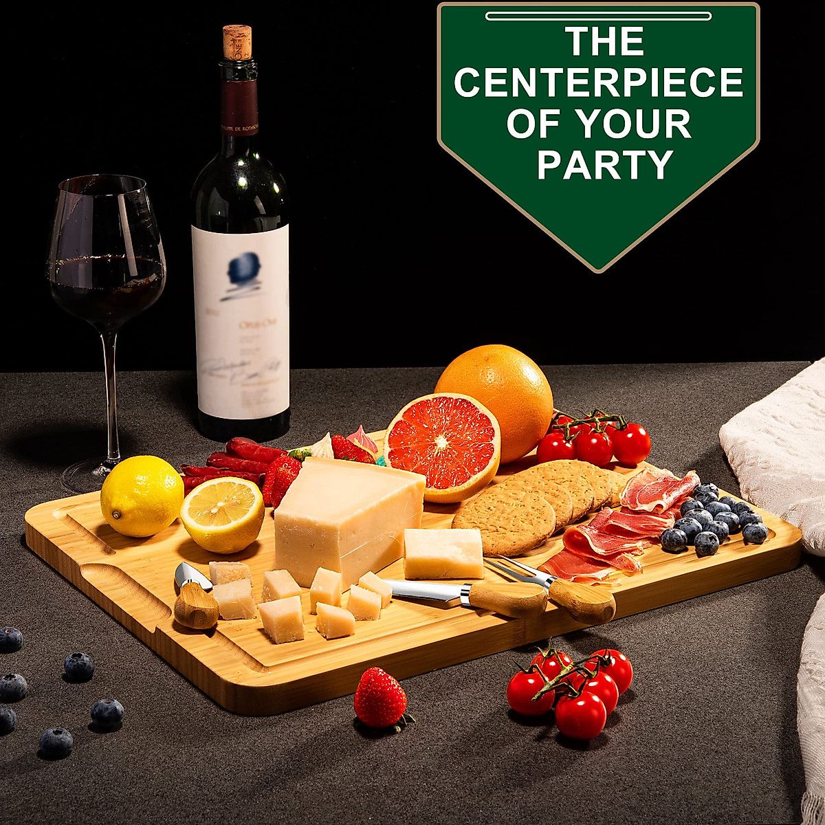 Bamboo Cheese Board with Magnetic Knife Set, Charcuterie Board Set, Unique Bamboo Cutting Board, Cheese Tray Platter, Gift for House Warming, Anniversary, Christmas, Thanksgiving