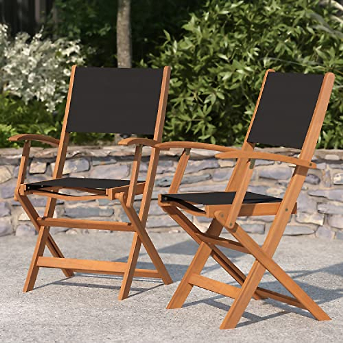 Merrick Lane Stora Set of 2 Indoor/Outdoor Acacia Wood Folding Patio Bistro Armchairs with Black Textilene Mesh Back and Seat, Natural