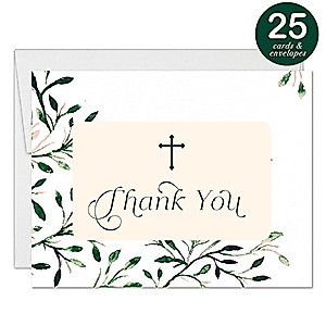 DB Party Studio Baptism Invitations ( 25 ) & Matching Thank You Cards ( 25 ) Set with Envelopes, Pretty Delicate Leaf Design 5 x 7" Fill-in Invites & Folded Thanks Notes Baby Infant Christening Pair