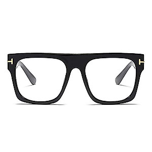 Jurchio Unisex Stylish Square Non-prescription Eyeglasses Glasses Flat Top Big Eyeglass Frames Large lens Clear Lens Eyewear (Black)