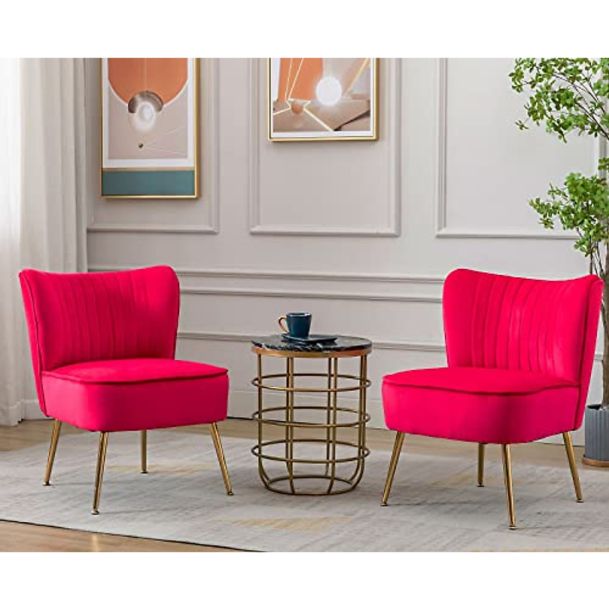Shunzhi Velvet Accent Chairs Set of 2 Modern Upholstered Slipper Chairs with Golden Legs Comfy Armless Wingback Side Chairs Corner Chair for Bedroom/Dining Room/Living Room/Office,Rose Red