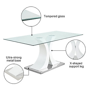 63" Glass Dining Table for 4 to 6 Modern Kitchen Table Tempered Glass Dining Room Table with Rectangular Glass Tabletop and X-Shape Pedestal Base Dining Table for Dining Room Kitchen (White)