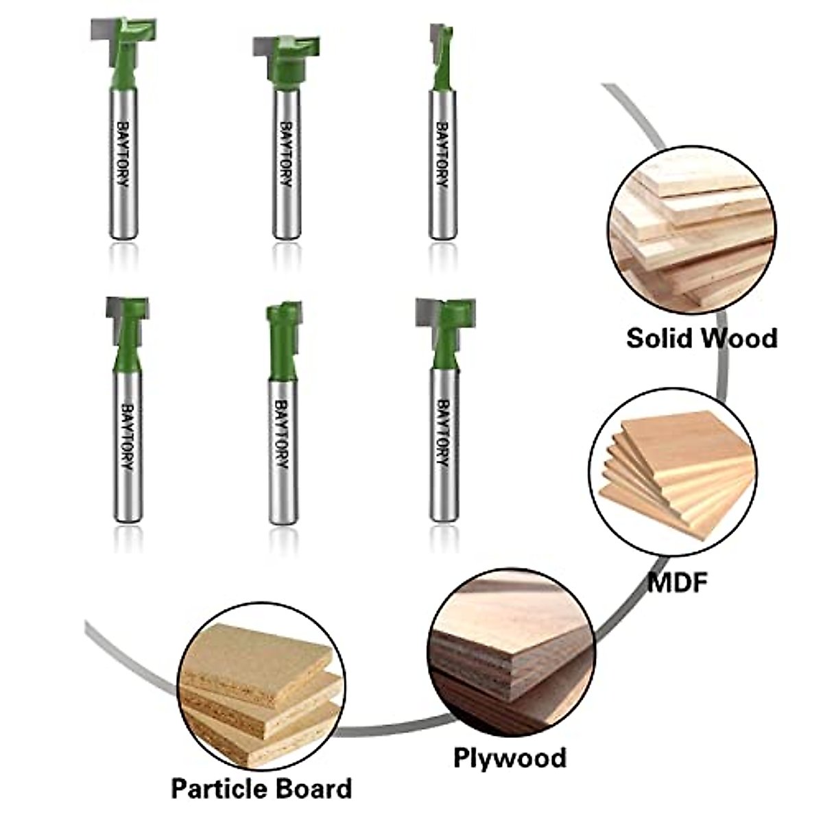 BAYTORY 6Pcs Keyhole Router Bits Set, 1/4" Shank Router Keyhole Bit Set -1/4 & 5/16 & 3/8 & 9/16 & 1/2 & 5/8 inch Blade Diameter for Wood Hex Bolt T-Track Slotting Milling Cutters Set (Green)