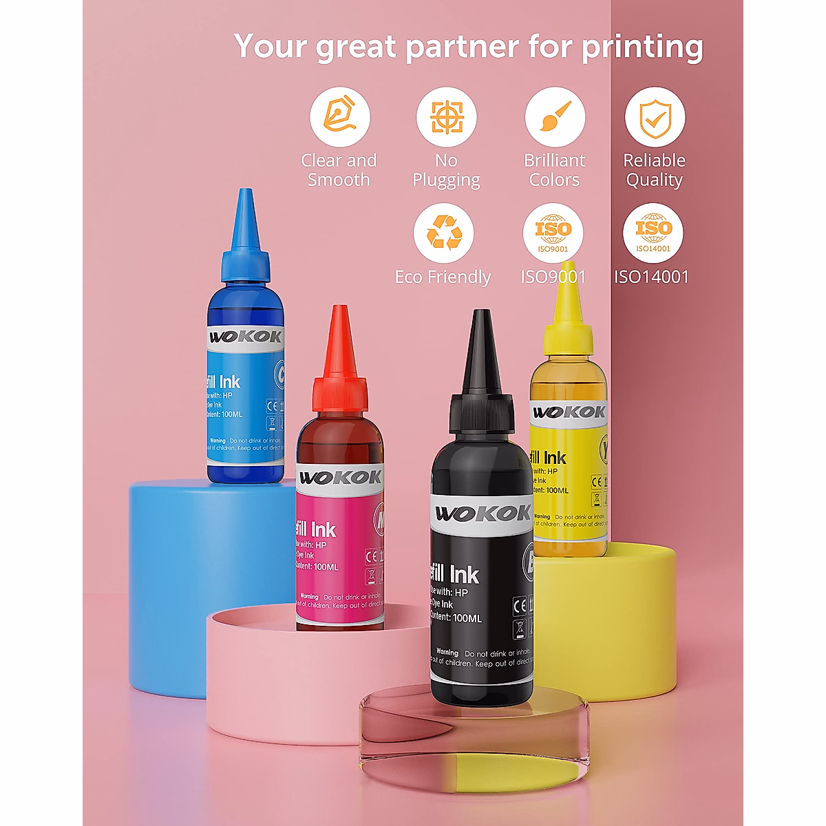 WOKOK Refill Ink Kit for HP 67 67XL 63 63XL 65 65XL 61 61XL 950 950XL 951XL 902XL 952XL Ink Cartridges, 100ML x 5 Bottles with Syringes (2 Black 1 Cyan 1 Magenta 1 Yellow)