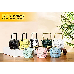 Toptier Cast Iron Teapot, Stovetop Safe Japanese Cast Iron Tea Kettle, Diamond Design Tea Pot with Removable Infuser for Loose Tea, 30 Ounce (900 ml), Dark Green