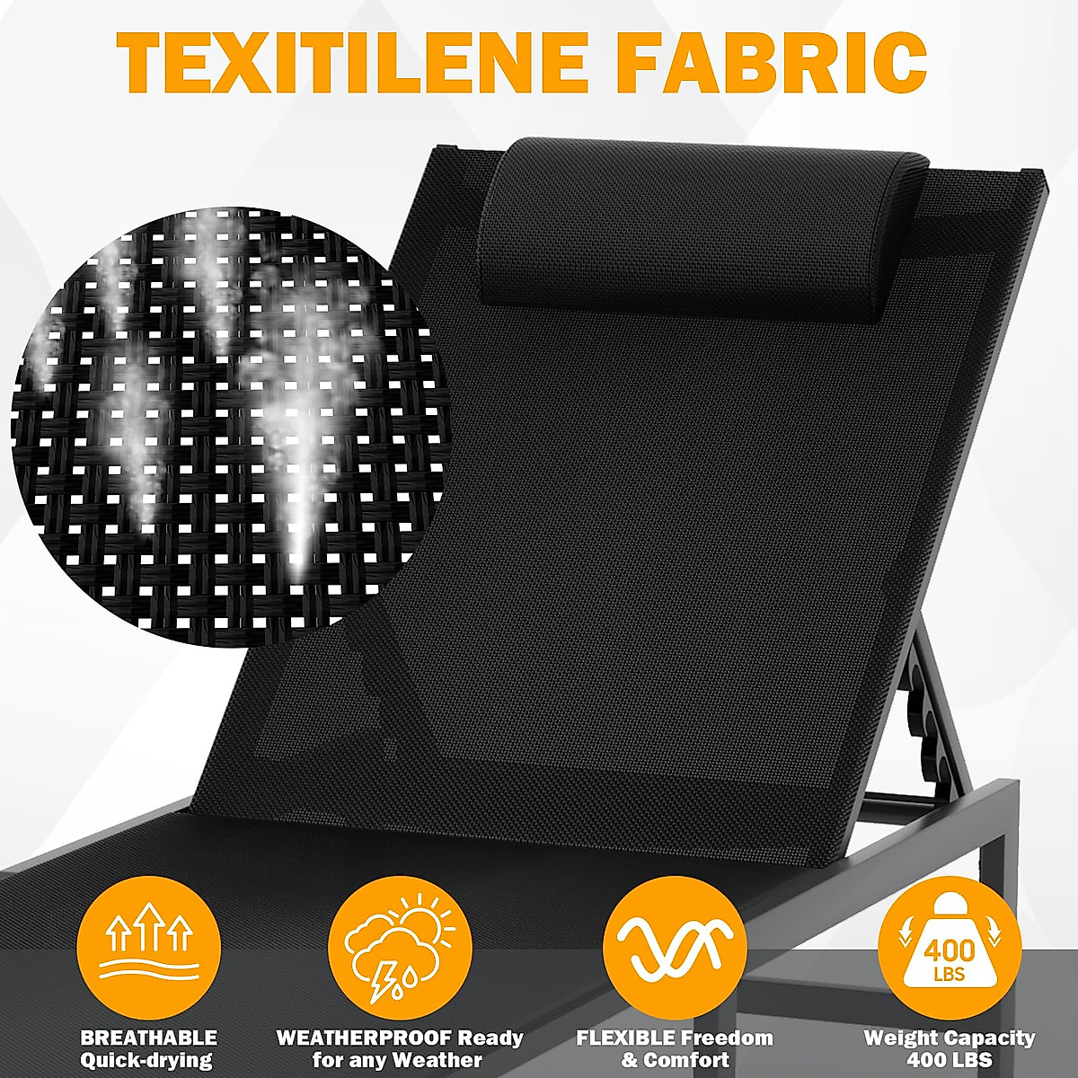 WOAJNQO Chaise Lounge Chair Outdoor,Aluminum Patio Lounge Chairs Set of 2, Adjustable 5-Position Recliner and Full Flat Tanning Chair with Pillow for Pool, Outside,Beach,Black