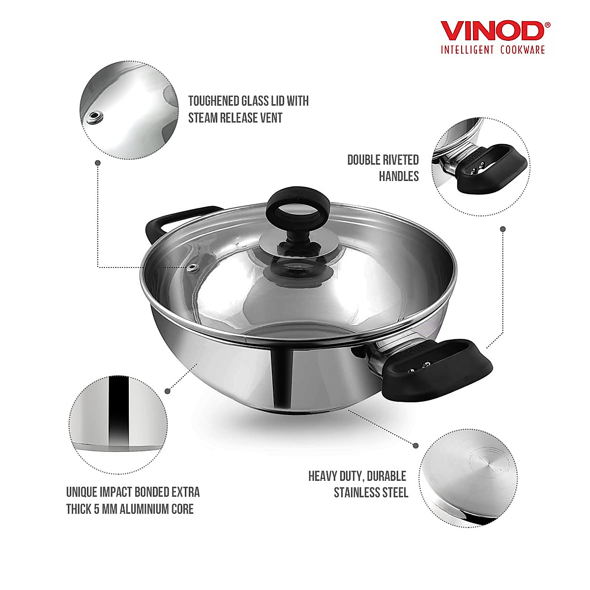 Vinod Deluxe Kadhai | Stainless Steel Wok | Tempered Glass Lid | Induction-Friendly| Sandwich Bottom | 22cm Capacity | 2.4 Liters(2.54 Quarts)|Multi-Use Pot| Suitable For Indian Cooking, Gravy, Stews
