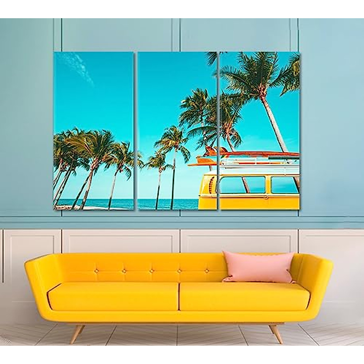 Vintage Car With Surfboard on the Roof Canvas Print 3 Panels / 36x24 inches