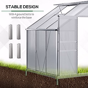 Outsunny 6' x 4' Aluminum Lean-to Greenhouse Polycarbonate Walk-in Garden Greenhouse with Adjustable Roof Vent, Rain Gutter and Sliding Door for Winter, Clear