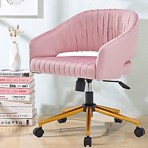Home Office Cute Desk Chair Swivel Velvet Modern Cute Desk Chair with Gold Base, Ergonomic Study Seat, Computer Task Stools for Living Room (Pink)