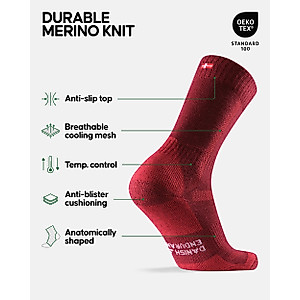 DANISH ENDURANCE Merino Wool Cushioned Hiking Socks 1-Pack for Men & Women, Made in EU, Walking, Trekking, Work, Outdoor (Wine Red, US Women 11-13 // US Men 9.5-12.5)
