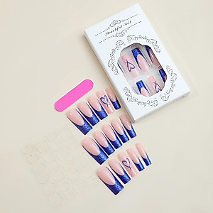 BABALAL Square Press on Nails Long Fake Nails Blue French Tip Glue on Nails Glitter Shiny Heart Design Acrylic Nails 24Pcs Squoval Manicure Artificial False Nails for Women and Girls