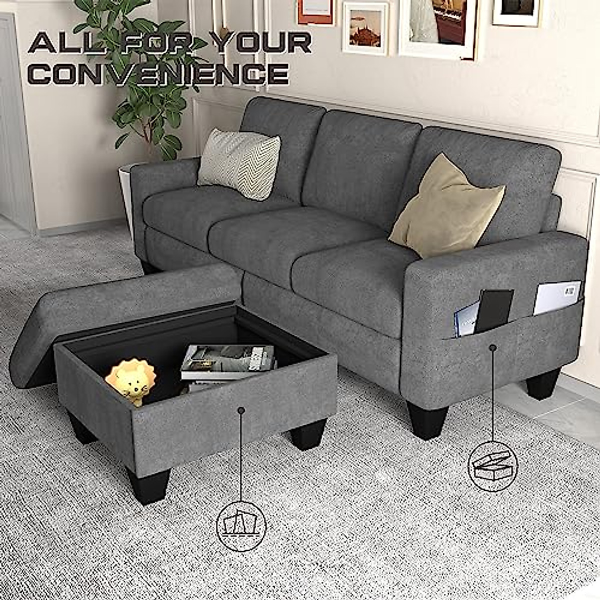 ZeeFu Convertible Sectional Sofa Couch,Grey Snowflake Velvet Modern 3-Seat L-Shaped Upholstered Sofa Couch Set with Storage Reversible Ottoman and Pockets for Living Room Small Space Apartment