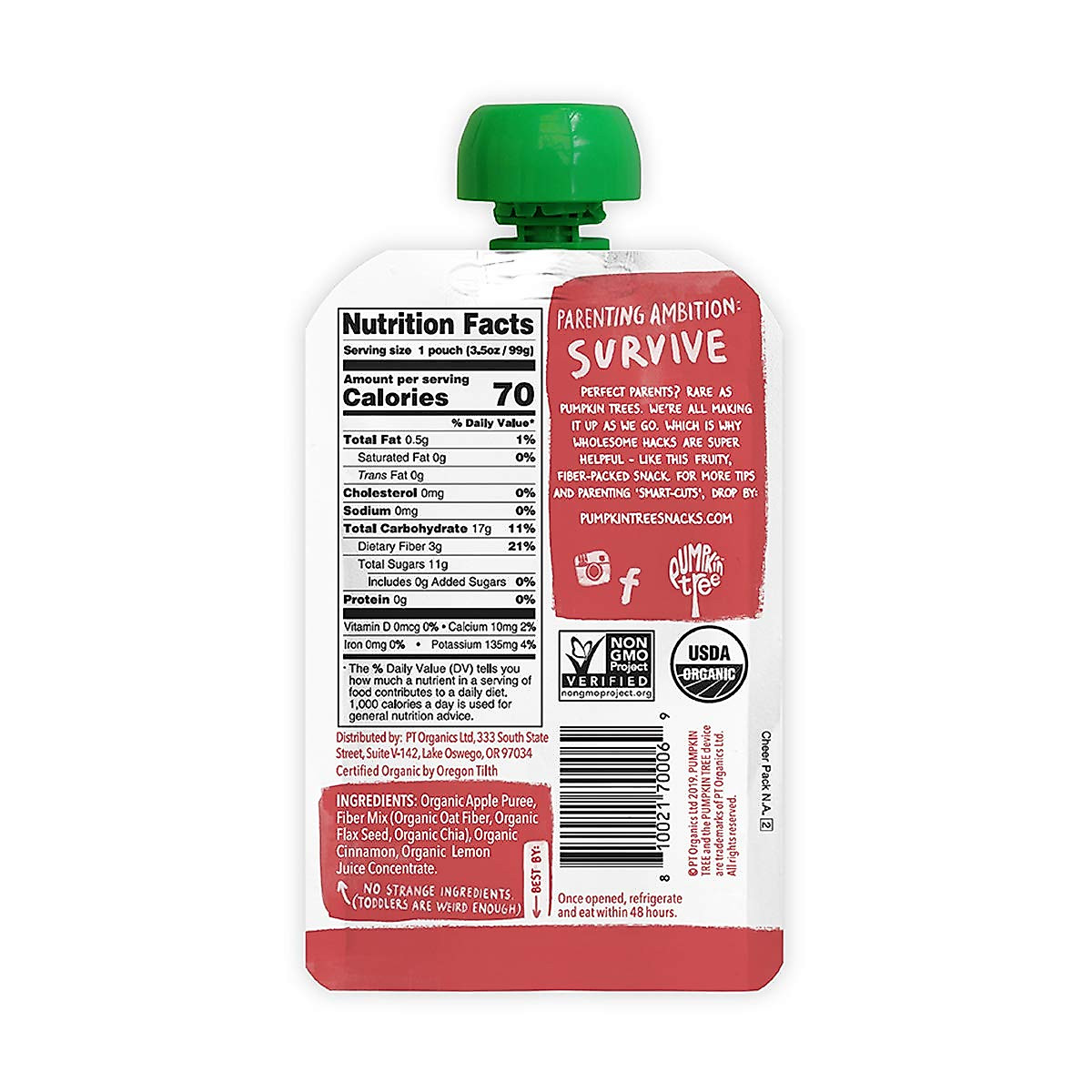 Pumpkin Tree Organics Fruit Snack Pouch, Apple + Fiber + A Sprinkle of Cinnamon, 3.5 Ounce (Pack of 10)