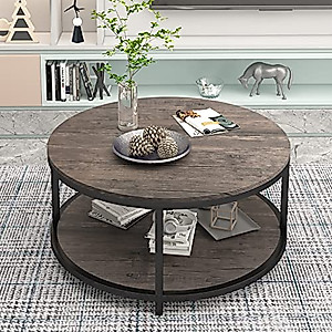 NSdirect 36 inch Round Coffee Table,Coffee Table for Living Room,2-Tier Rustic Wood Desktop & Sturdy Metal Legs Table Modern Design Home Furniture with Storage Shelf (Light Walnut)