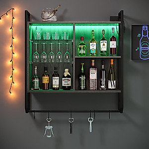Furnihold Floating Shelves for Wall, 34'' LED Display Shelves Wall Mounted with Adjustable Glass Shelf, 3 Tier Wood Hanging Shelves with 6 Hooks, Gaming Room Shlef, Kitchen Coffee Bar, Charcoal Black