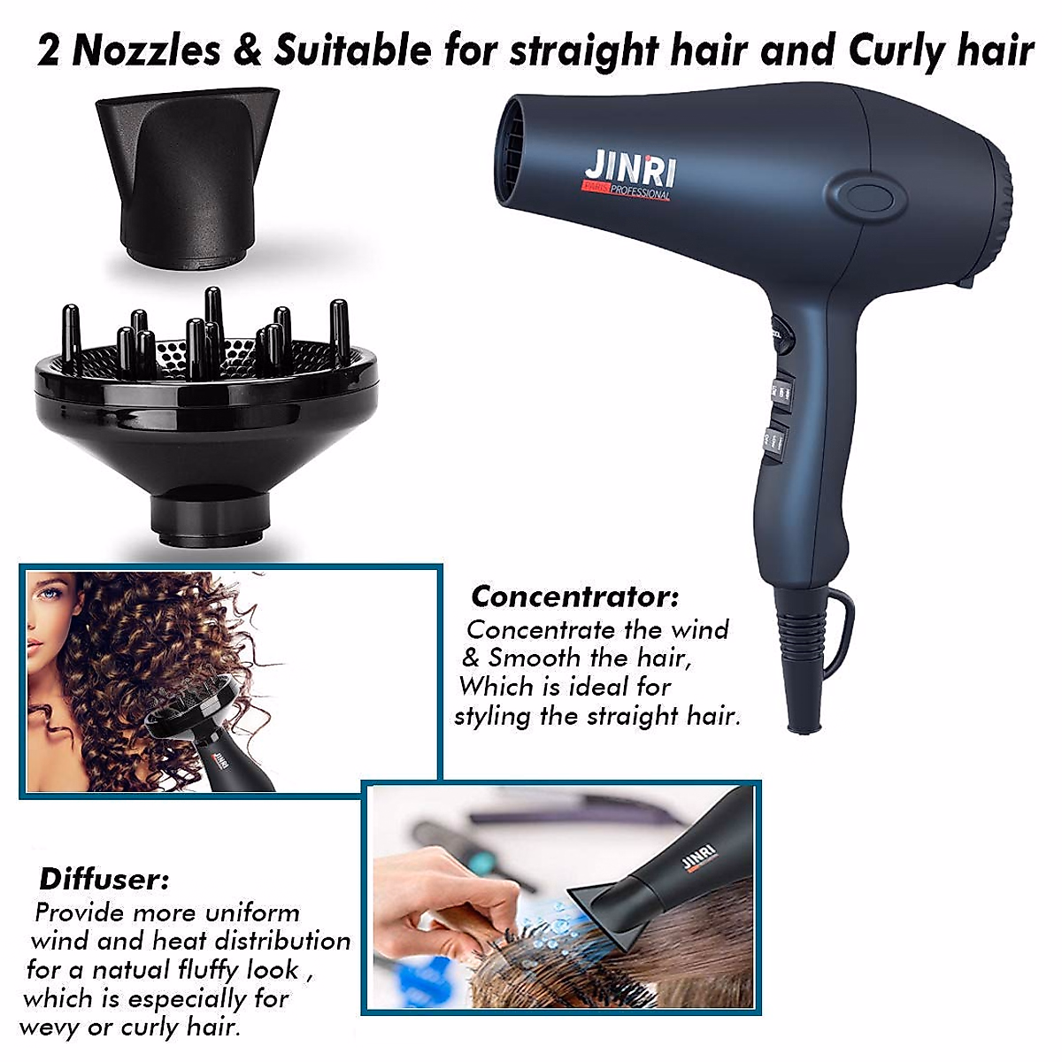 Jinri Hair Dryer Professional Salon Ionic Blow Dryer with Concentrator & Diffuser, Light Weight Low Noise Hair Blow Dryers, Black