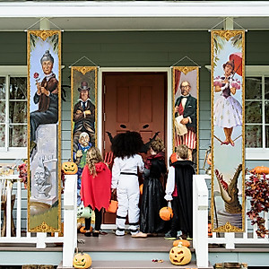 4pcs Haunted Mansion Stretching Portraits Outdoor Halloween Decoration, Haunted Mansion Porch Sign Banner Halloween Vintage Banner for Home Wall Hanging Decor